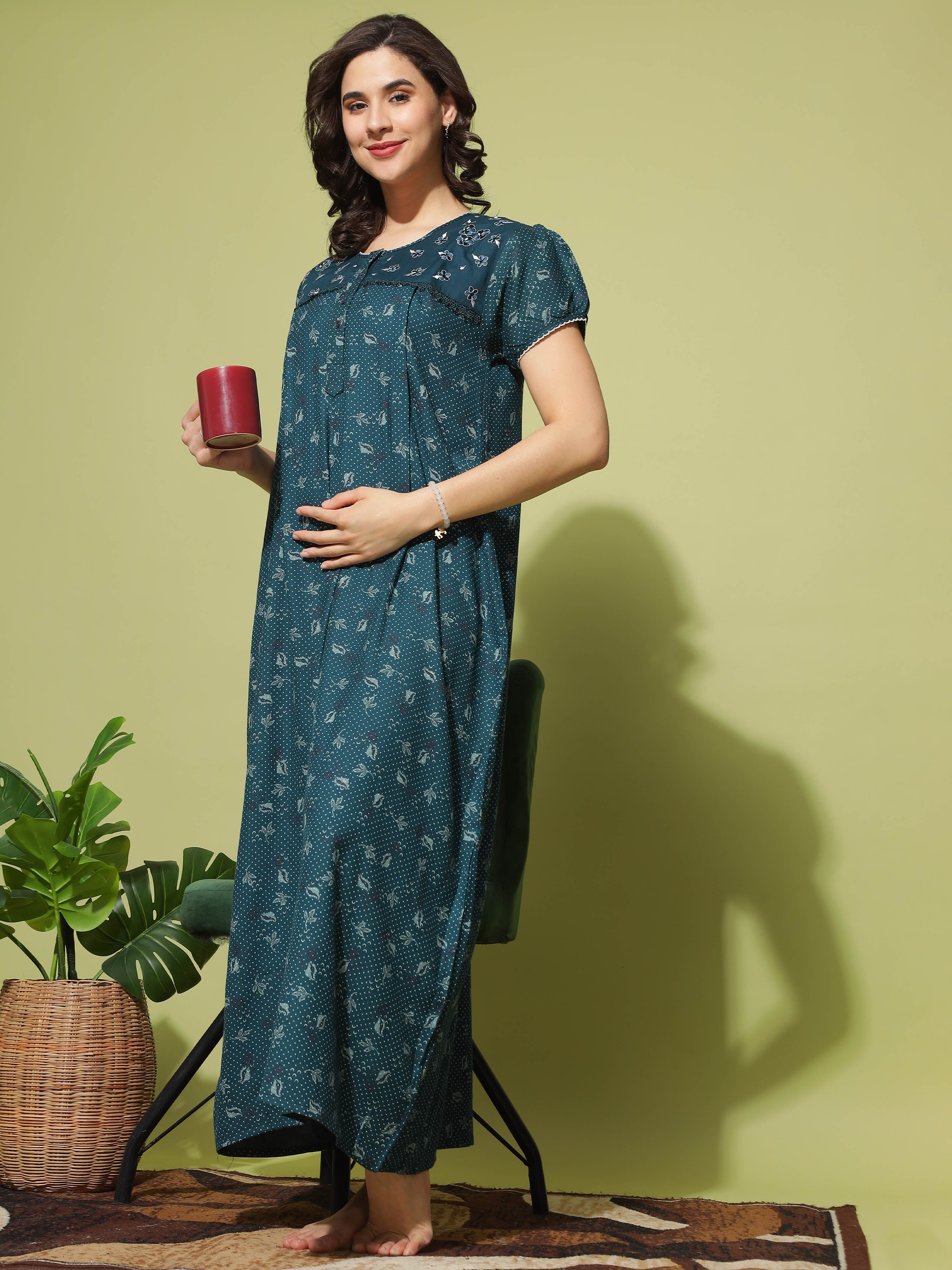 Buy Comfortable Chic Green Alpine Feeding Maternity Nighty – 9shines label