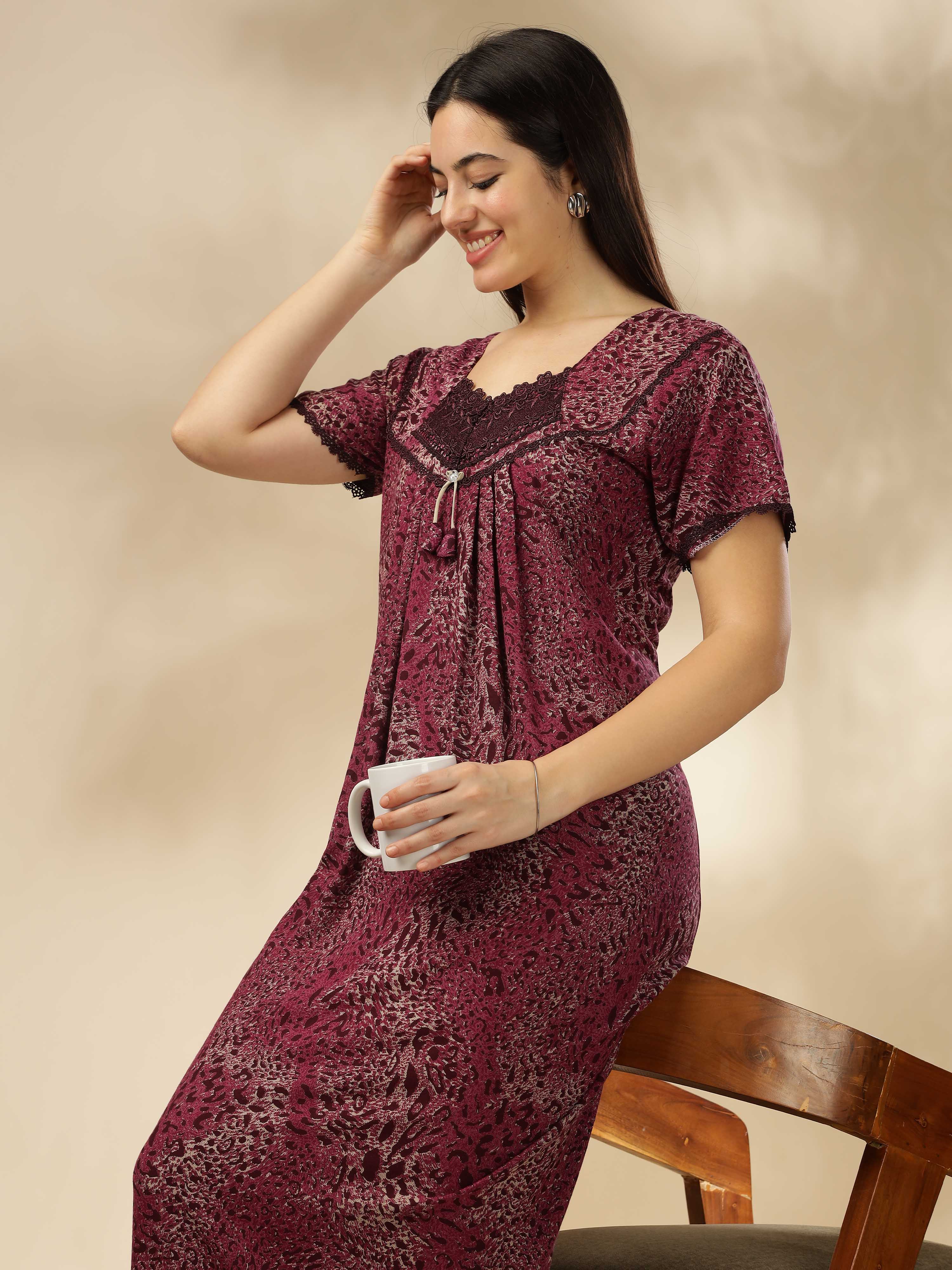 Buy Cozy Pink Alpine Pleated Designer Nighty for Women – 9shines label