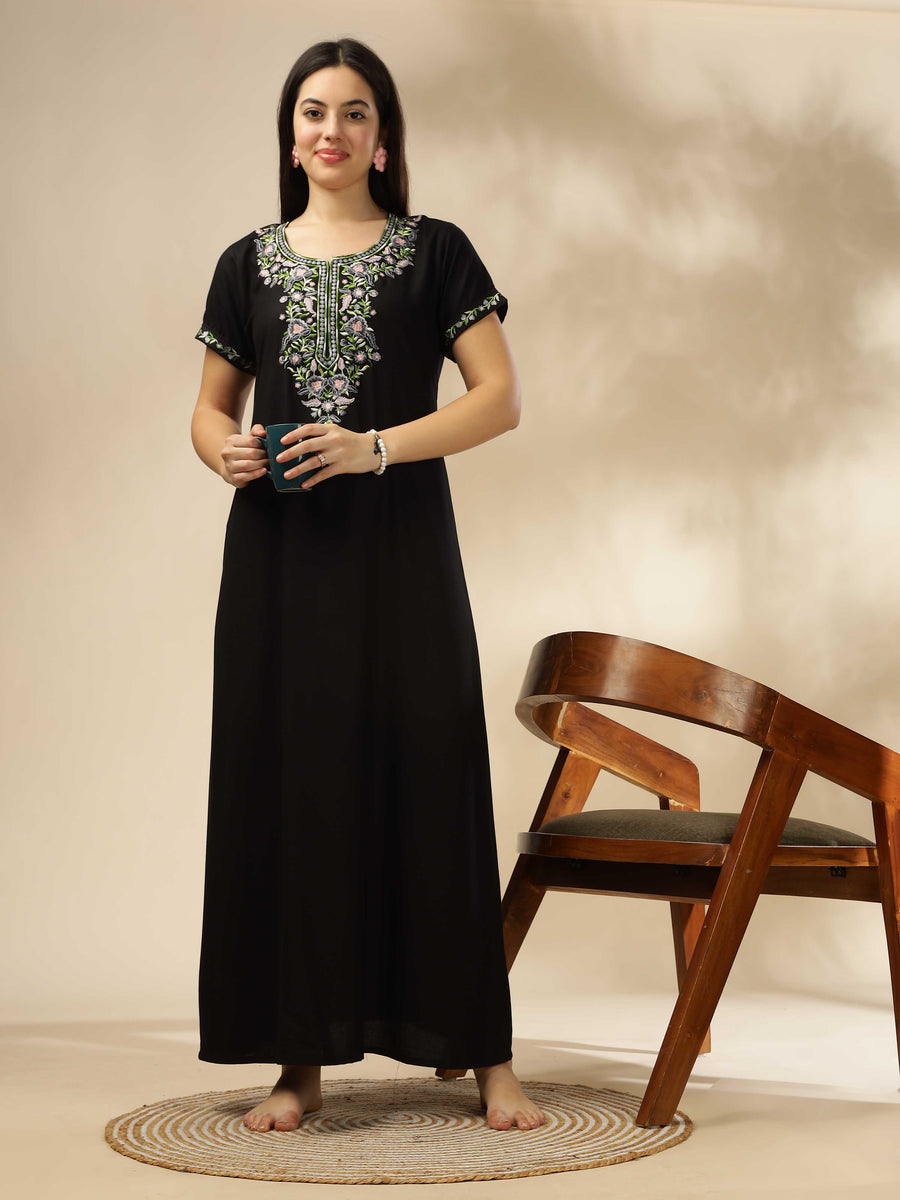 Buy Designer Nighty for Women in Black| Embroidered Style – 9shines label