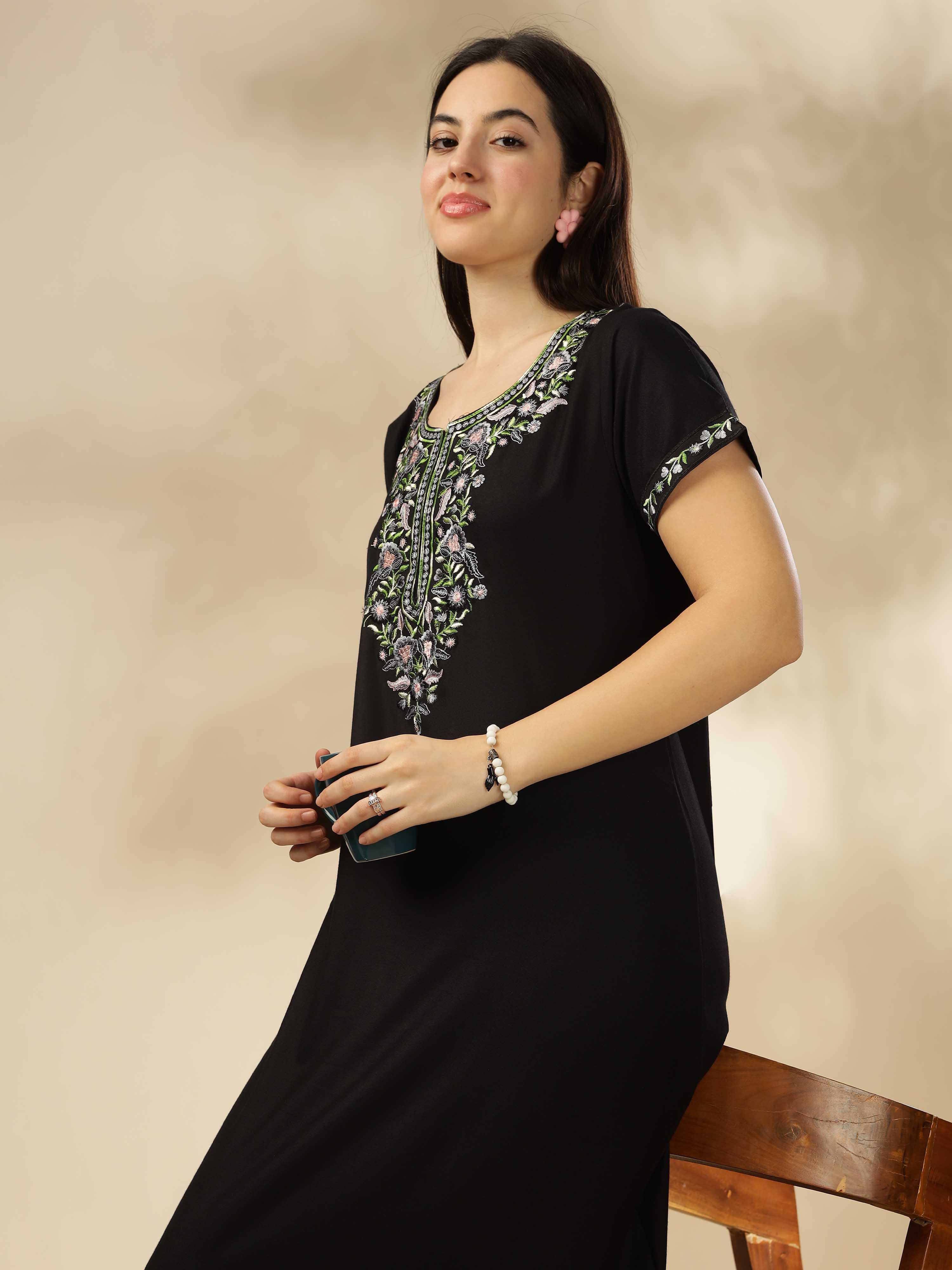 Buy Designer Nighty for Women in Black| Embroidered Style – 9shines label