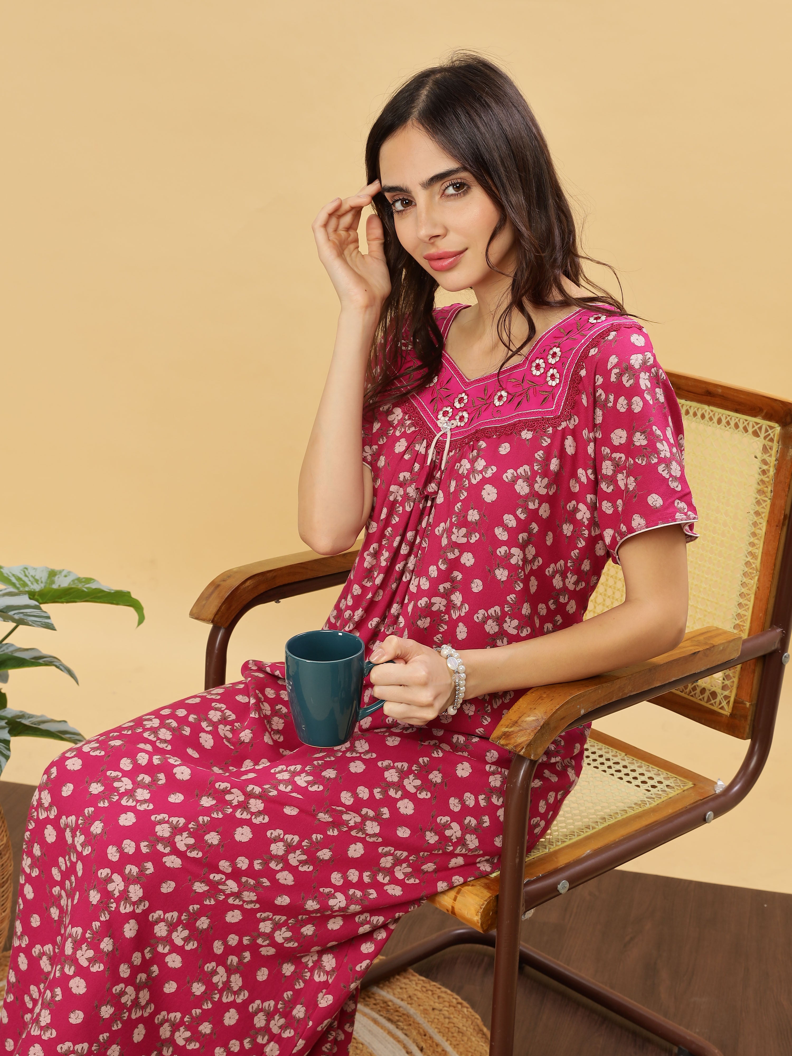 Buy Chic Rani Pink Alpine Pleated Designer Nighty for Women – 9shines label
