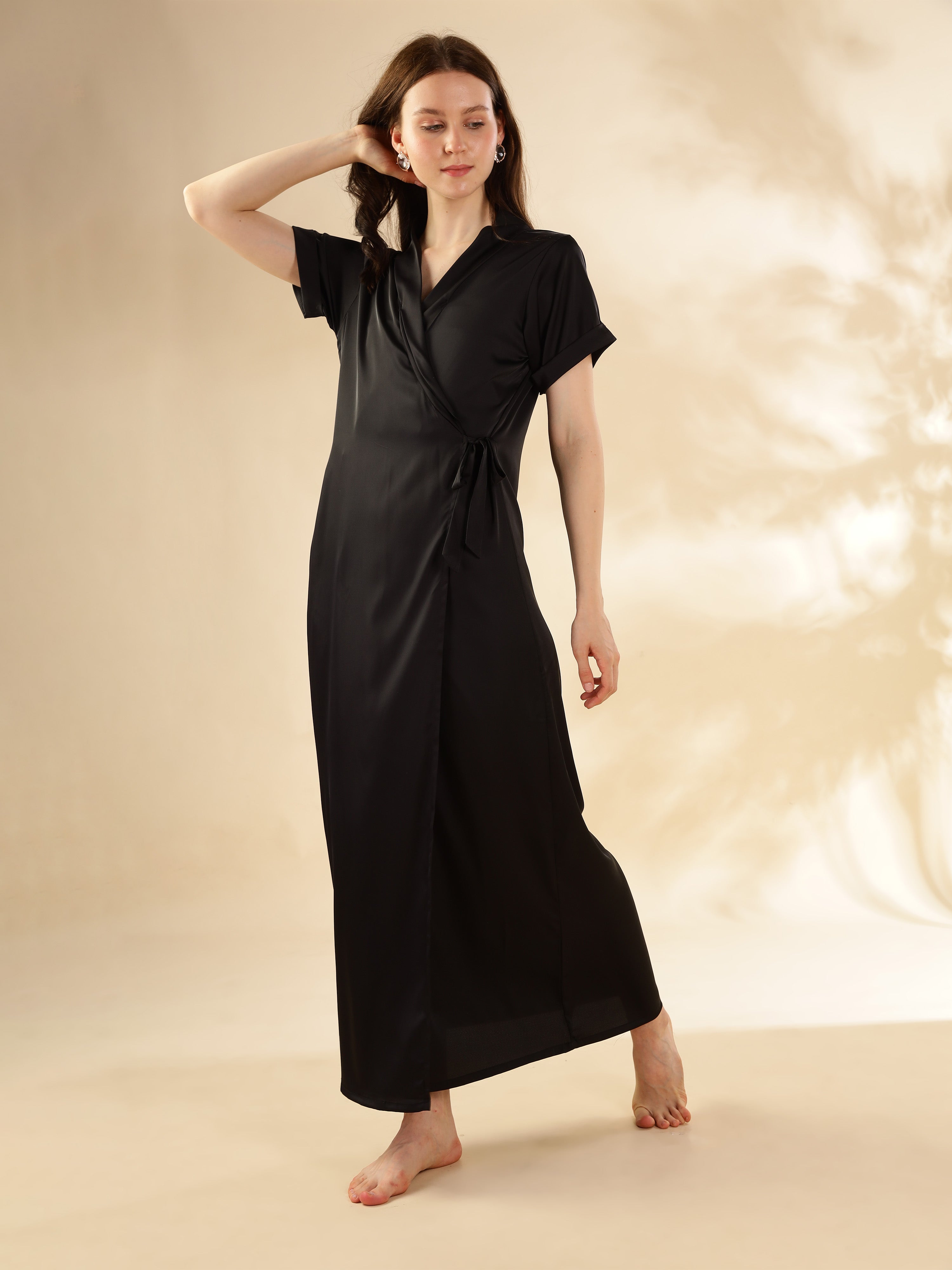 Buy Black Satin House Coat Nighty with Pockets and Waist Tie – 9shines ...