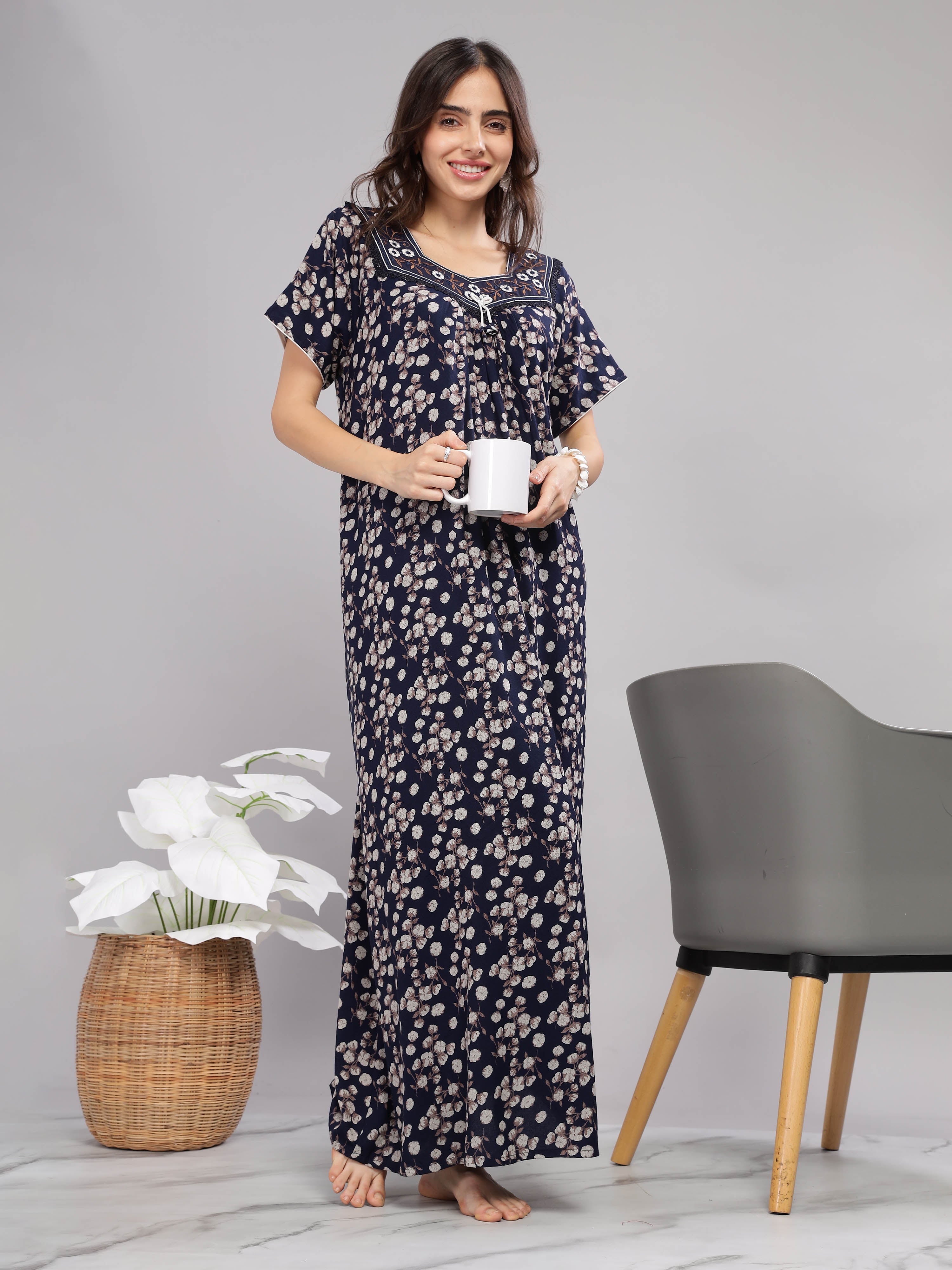 Buy Chic Navy Blue Alpine Pleated Designer Nighty for Women – 9shines label