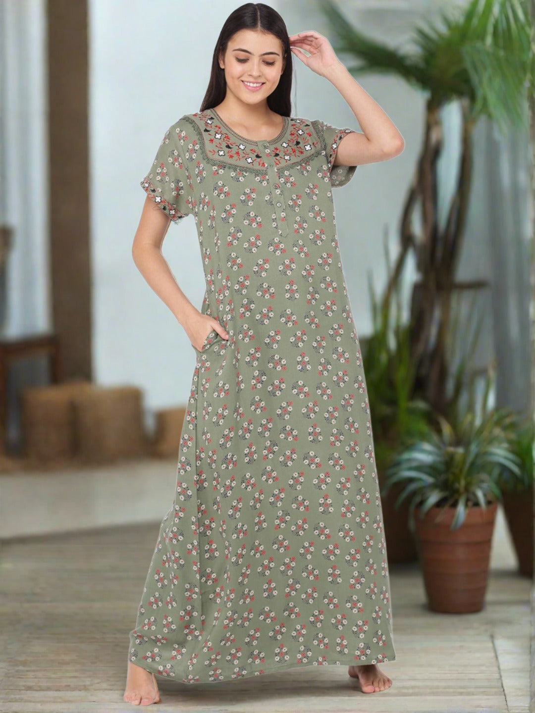 Buy Sage Green Alpine Cotton Designer Nighty – 9shines label