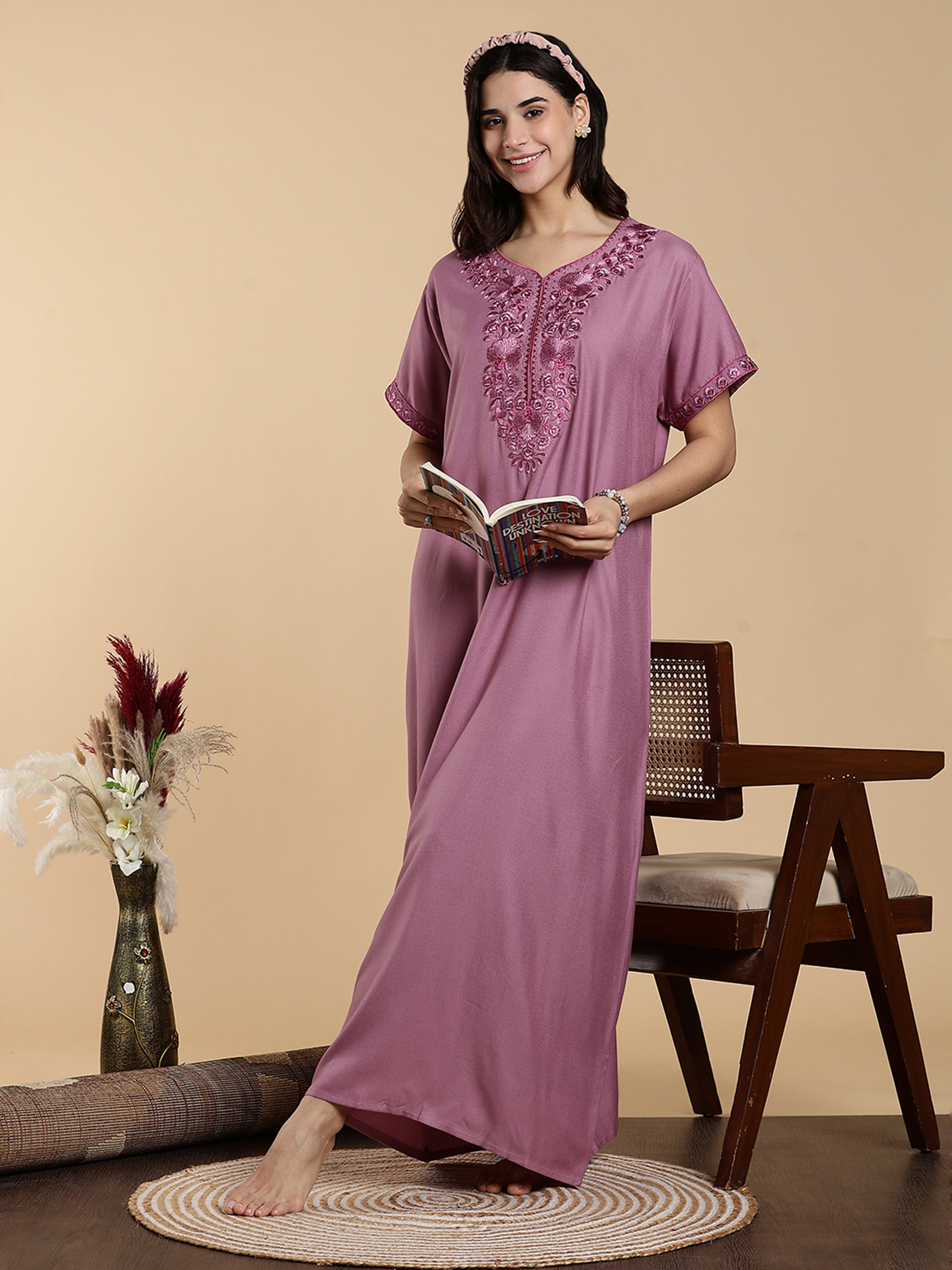 Buy Onion Pink Embroidered Soft Alpine Nighty for Women – 9shines label