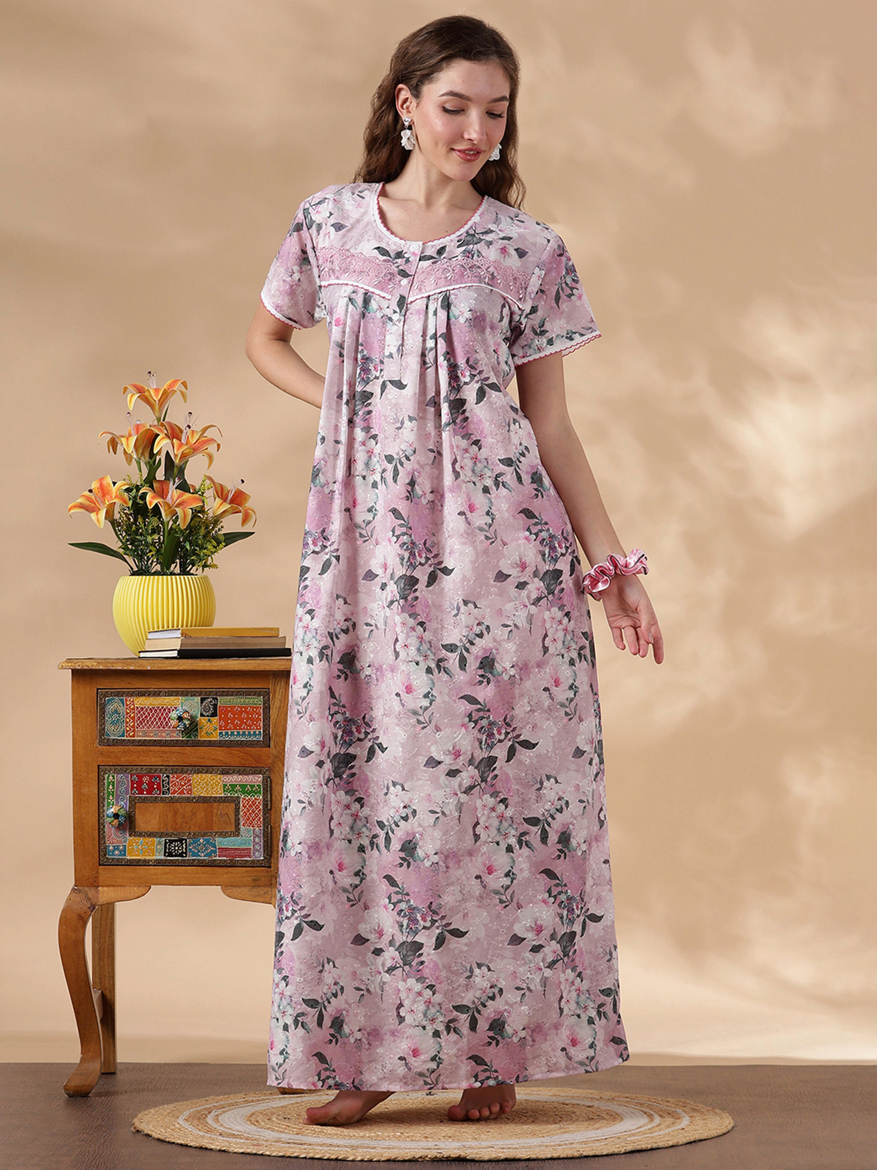 Pure Cotton Pink Nightgowns for Women | Embroidered Nighties – 9shines ...