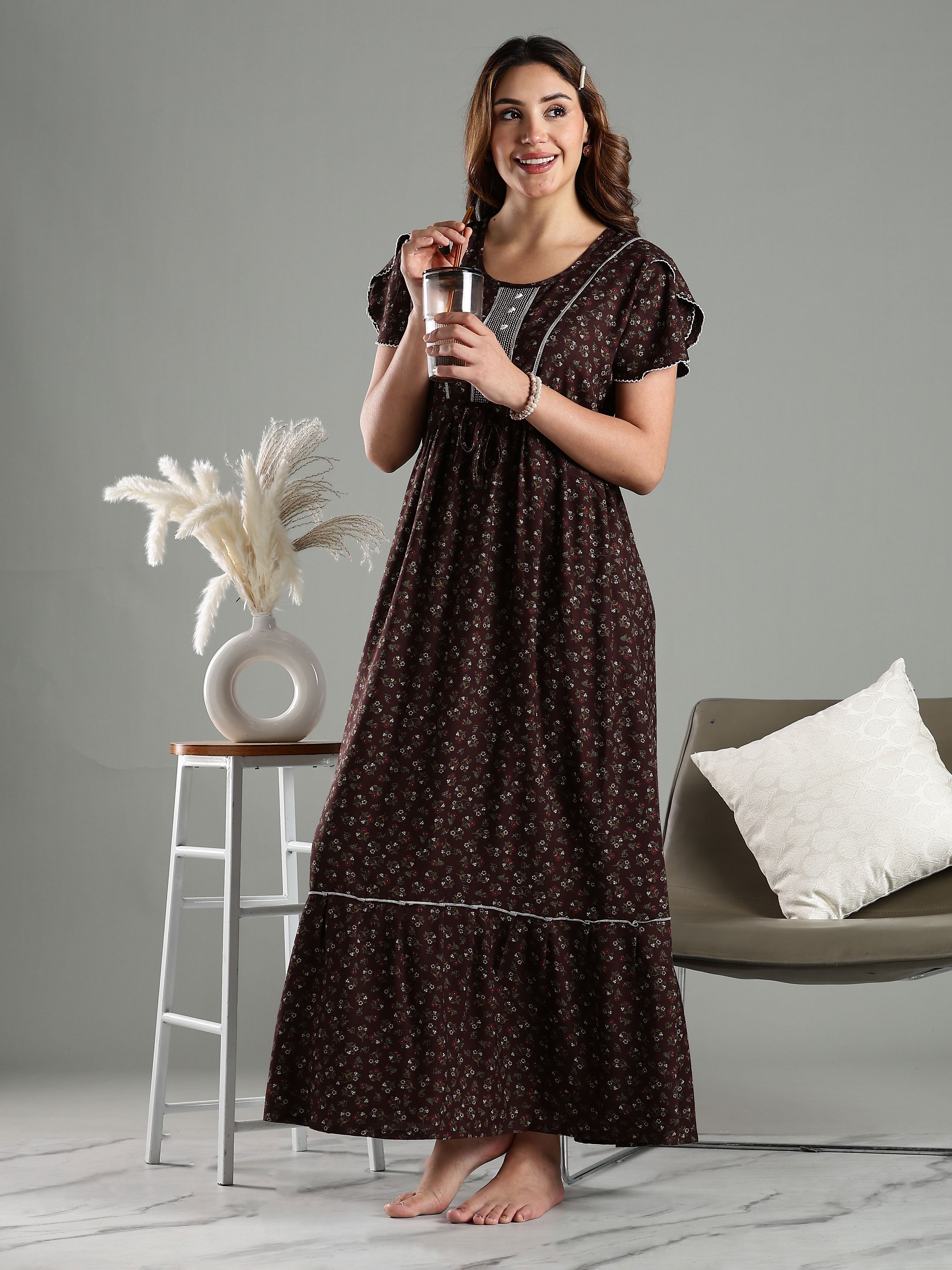 Buy Premium Coffee Brown Frock Type Nighty for Women Online – 9shines label