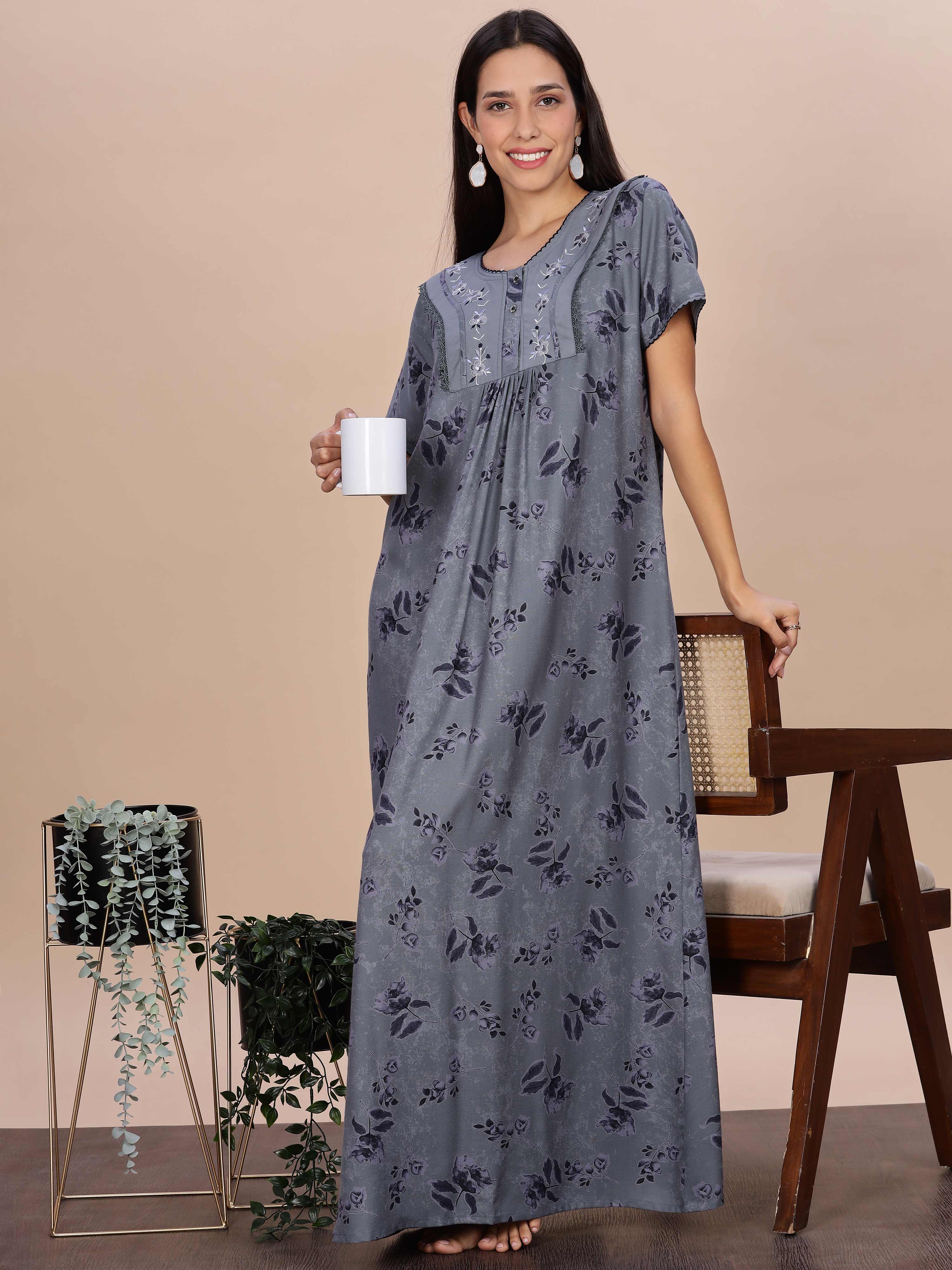 Shop Floral Print Grey Alpine Nighty for Women Online – 9shines label