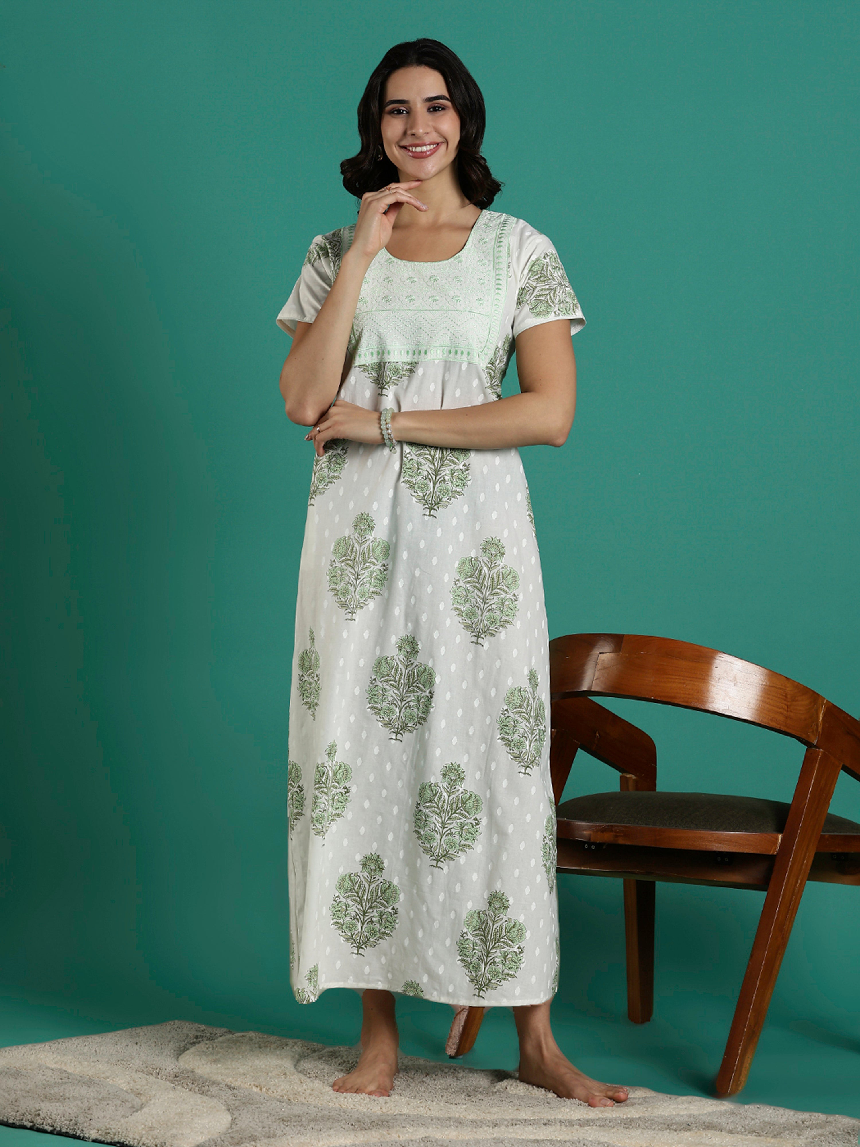 Buy Leaf Print Breathable and Stylish Pure Cotton Nighty – 9shines label