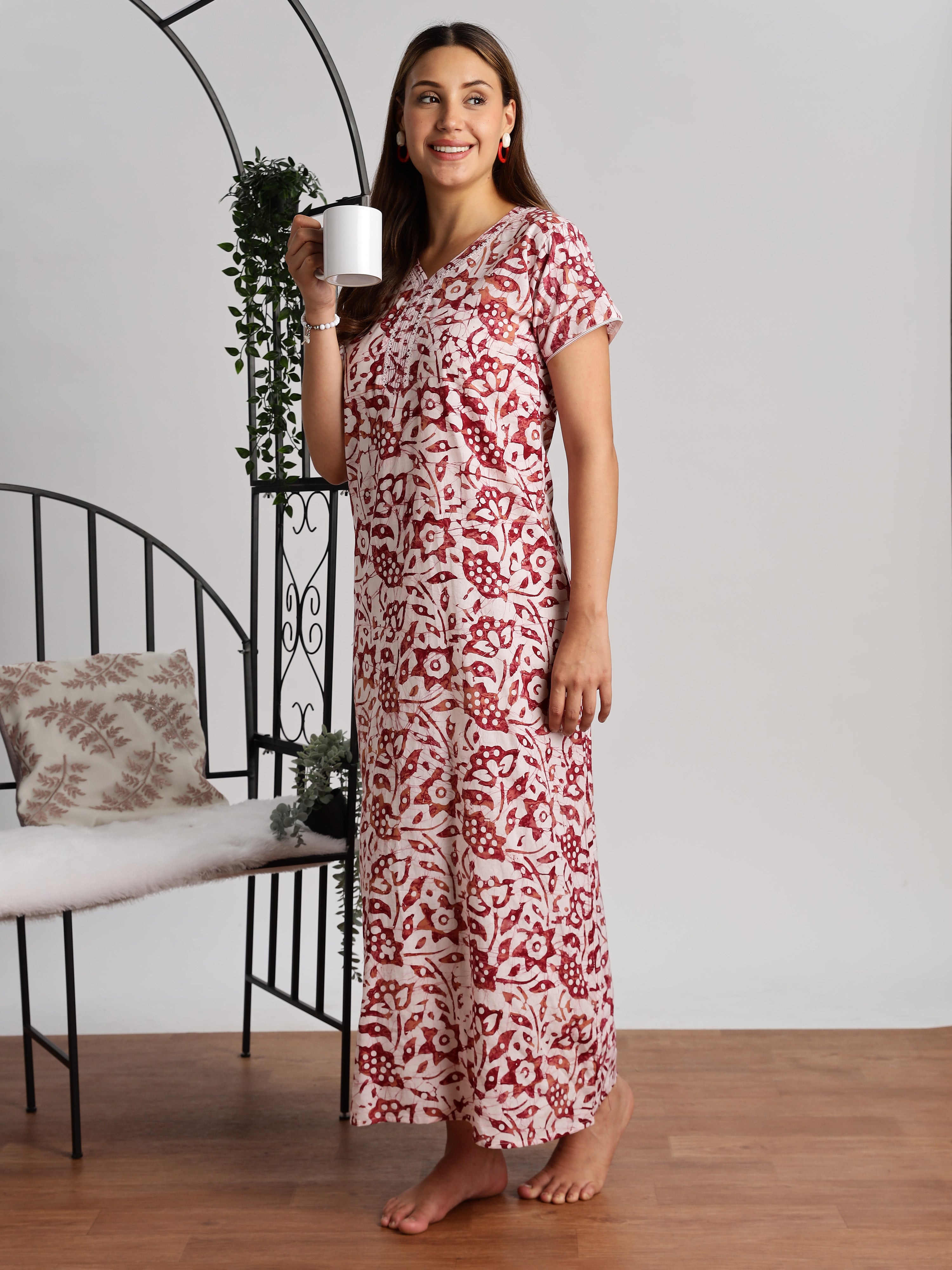 Buy Classy Maroon Batik Print Cotton Nighty for Women Online – 9shines ...