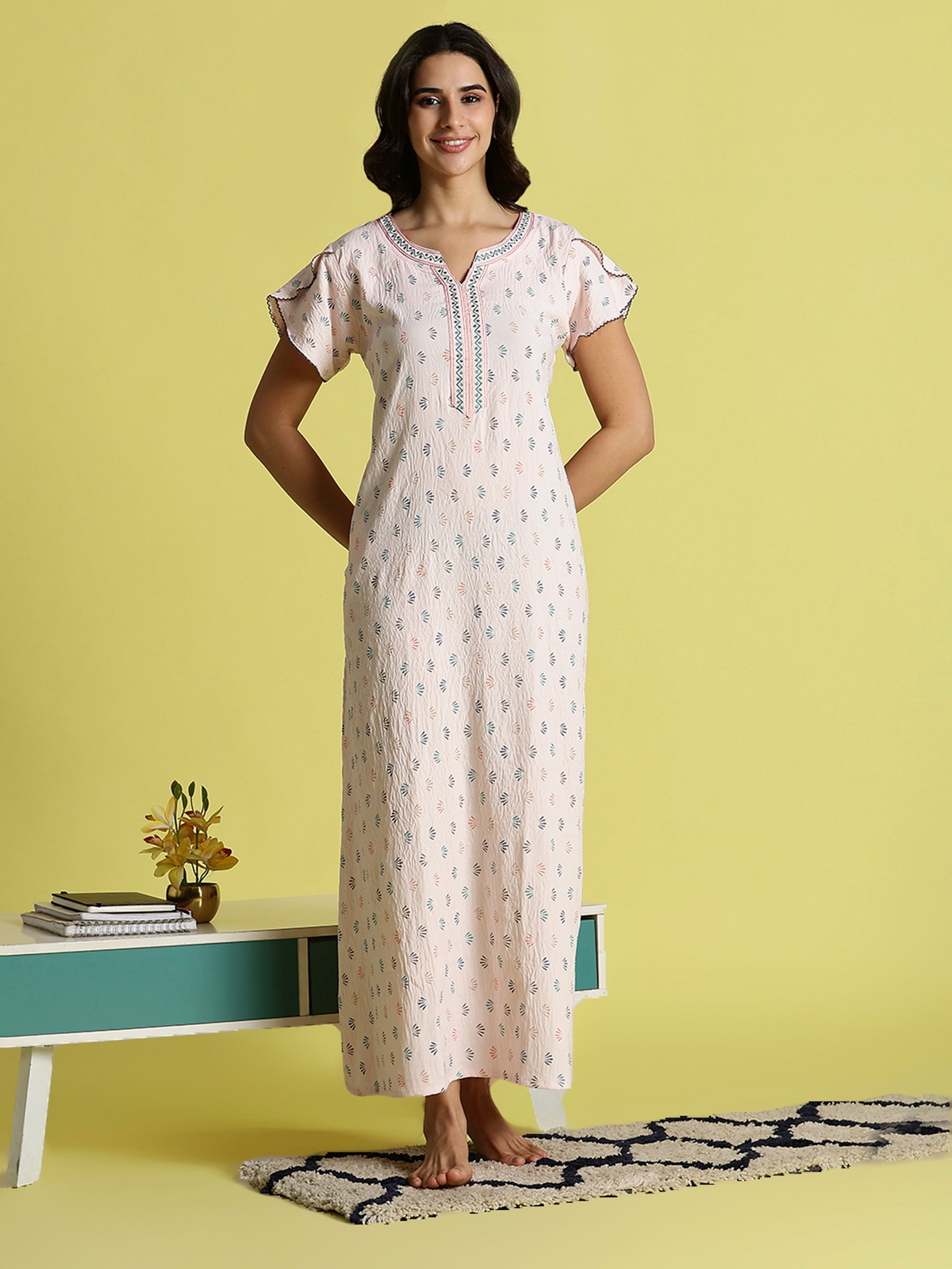Buy Pastel Pink Premium Crush Cotton Nighty for Women Online – 9shines ...