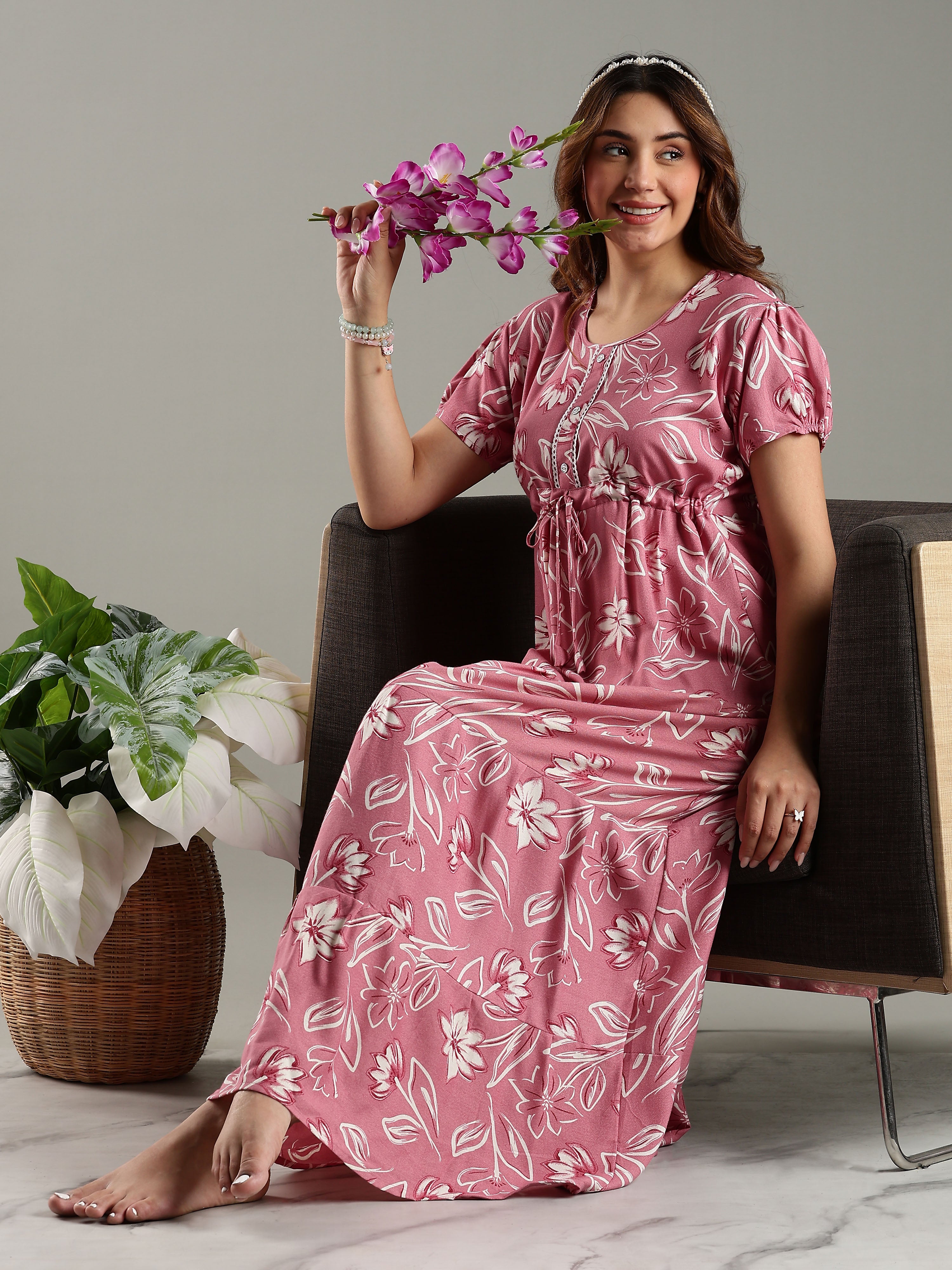 Classy Rose Pink Floral - Frock Type Nighty for Women Online – 9shines ...
