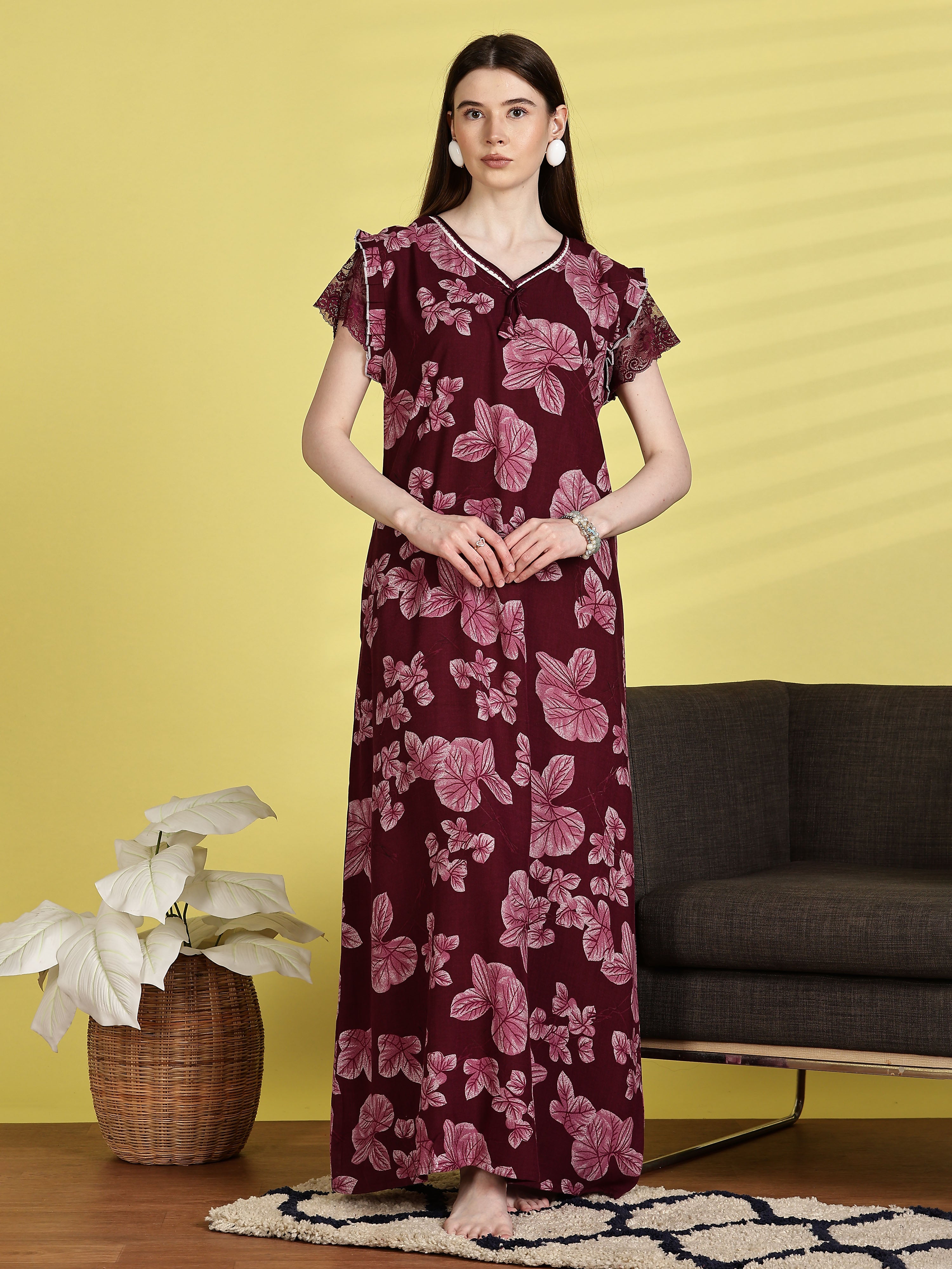 Buy branded maroon nighty for women with floral lace design – 9shines label
